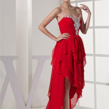 Red High Low Prom Dress Cascading Ruffles Hi-lo Prom Dress Beading ...