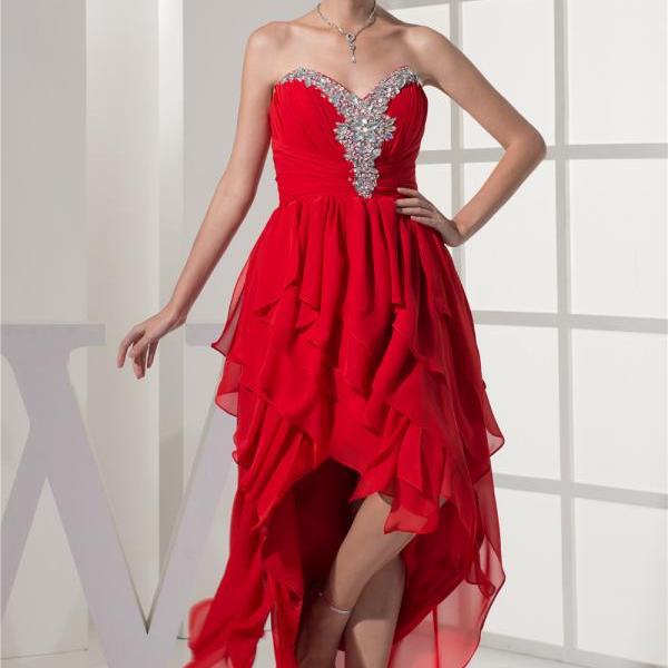 Red High Low Prom Dress Cascading Ruffles Hi Lo Prom Dress Beading Formal Occasion Dresses On Luulla